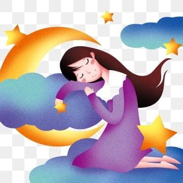 Girl Illustration Sleeping On The Clouds Blue Clouds Girl Sleeping On