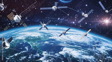 Earth With Numerous Satellites Orbiting In Outer Space Stars And