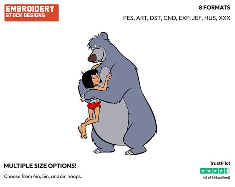 Baloo Mowgli Hugging Disneys The Jungle Book Embroidery Design In 3 Sizes And 8 Formats