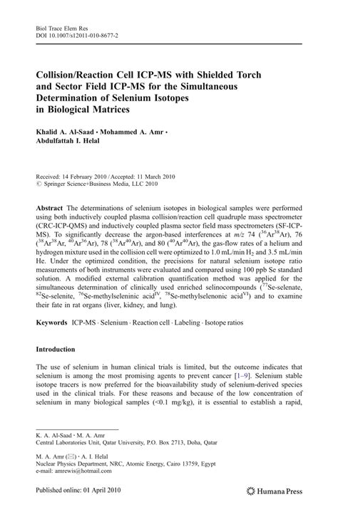 Pdf Collisionreaction Cell Icp Ms With Shielded Torch And Sector
