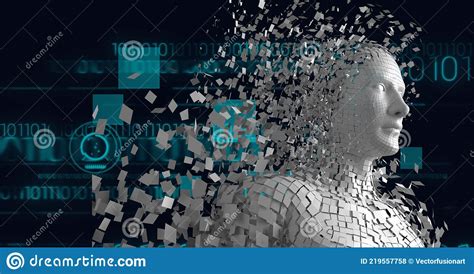 Composition Of Exploding Human Bust Formed With White Particles Digital Elements And Binary