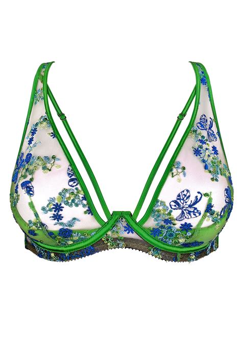 Lydia High Apex Bra Luxe Sheer Lingerie With Green Blue Embroidery Luxury Underwear