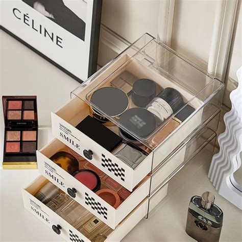 Plastic Stackable Makeup Organizer Desktop Cosmetic Storage Box With 3
