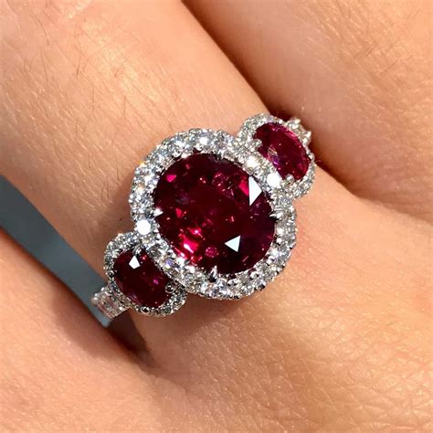 Vintage 3ct Halo Oval Cut Ruby Three Stone Engagement Ring Sayabling