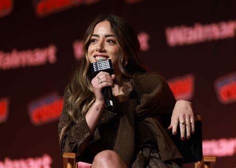Chloe Bennet In Brown Patterned Dress At New York Comic Con 2025