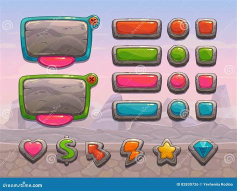 Funny Cartoon Stone User Interface Assets Stock Vector Illustration