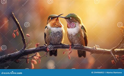 Two Beautiful Multicolored Hummingbirds In Love On A Tree Branch In The