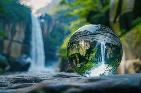 Crystal Glass Ball Sphere Reveals Waterfall Landscape With Spherical