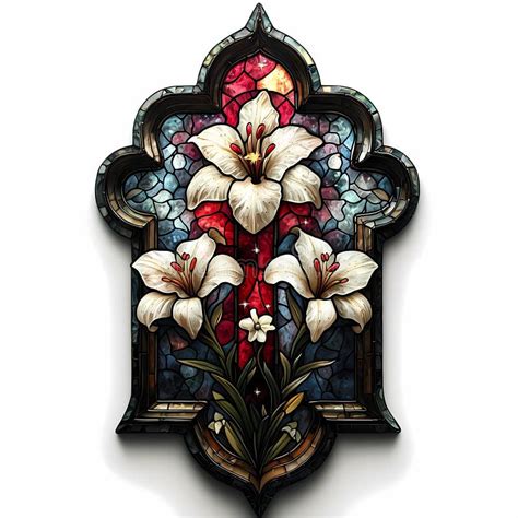 Easter Themed Gothic Style Stained Glass Window Featuring White Lilies