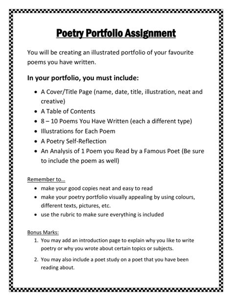 Poetry Portfolio Assignment Create Your Own Collection