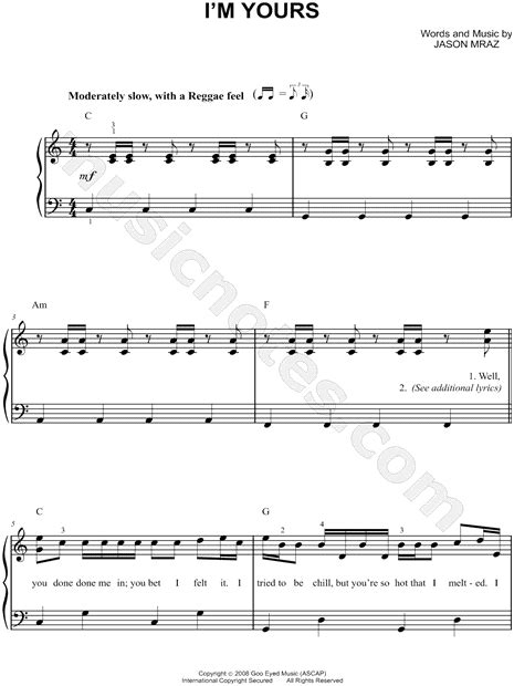 Im Yours Official Sheet Music For Easy Piano By Jason Mraz