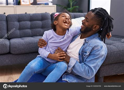 Father Daughter Sitting Floor Together Laughing Tickles Home Stock