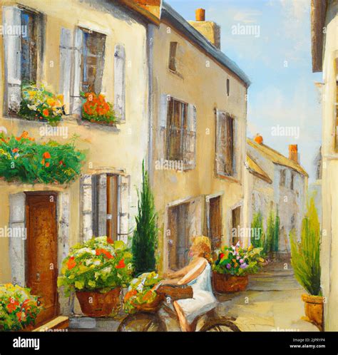 A Girl On A Bicycle With Flowers Rides Through A Beautiful French