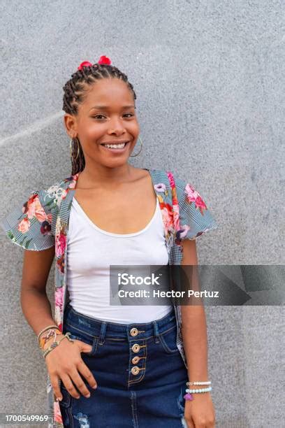Closeup Portrait Of Beautiful Young Black Girl Smiling Outdoors Stock