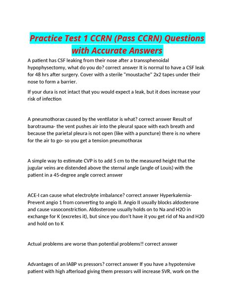 Practice Test 1 Ccrn Pass Ccrn Questions With Accurate Answers Exams Medicine Docsity