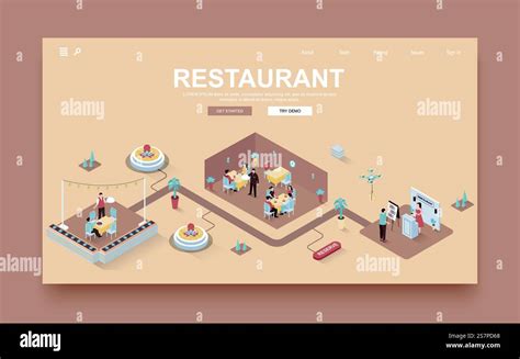 Restaurant concept 3d isometric landing page template people visit restaurant hi-res stock ...