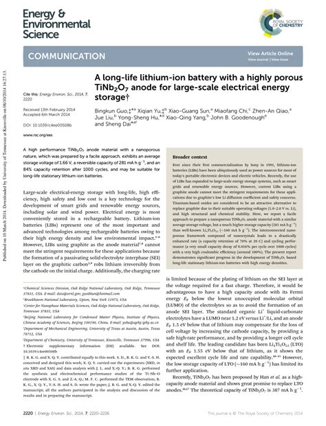 Pdf A Long Life Lithium Ion Battery With Highly Porous Tinb2o7 Anode