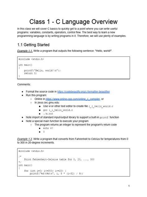 Class 1 C Language Overview Pdf Computer Program Programming