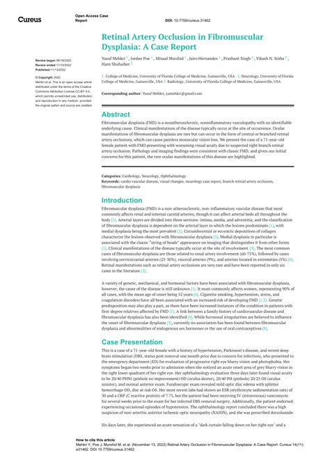Pdf Retinal Artery Occlusion In Fibromuscular Dysplasia A Case Report