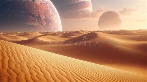 Golden Desert Dunes With Twin Planets Stock Illustration Illustration