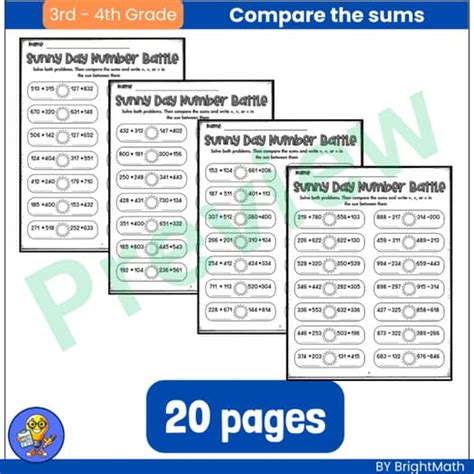 3rd Grade Compare The Sums 3 Digit Addition And Subtraction Summer Activities