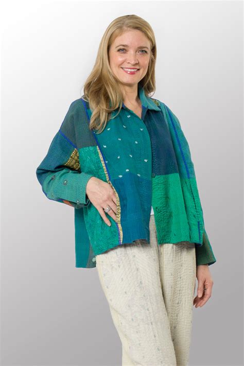 Cotton Silk Sw Patch Kantha Cropped Shirt Jacket Ws2075 Tel Mieko