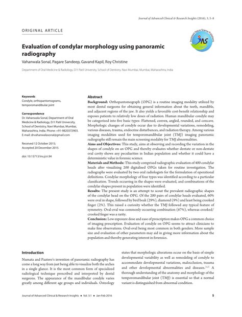 Pdf Evaluation Of Condylar Morphology Using Panoramic Radiography