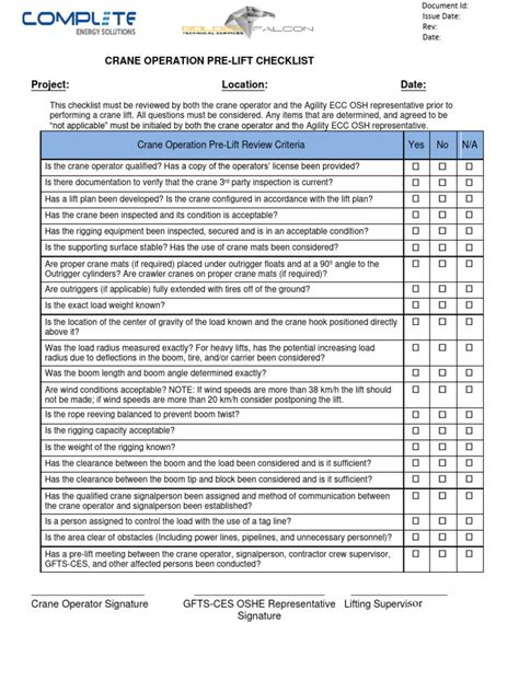 Ehs Gfts Ces Crane Operation Pre Lift Checklist Download Free Pdf