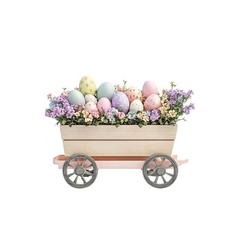 Pastel Easter Eggs And Flowers In A Wooden Wagon Premium Ai Generated Psd