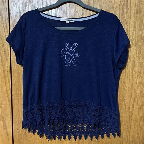 Navy Blue Grateful Dead Bear Tee With Lace Trim Depop