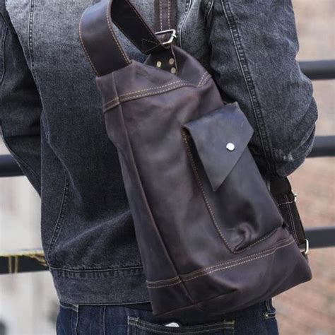 Genuine Leather Mens Cool Chest Bag Sling Bag Crossbody Bag Travel Bag