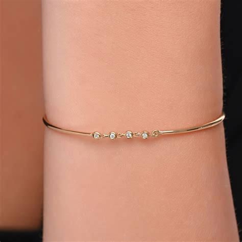14k Solid Gold Diamond Bangle Bracelet Dainty Stacking Jewelry Etsy
