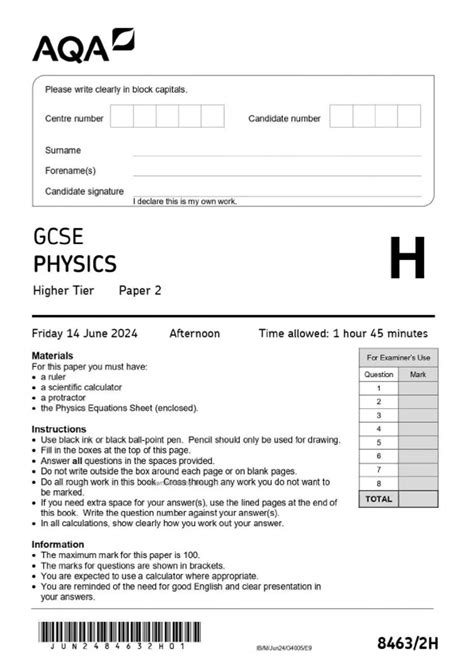 All Gcse Aqa June 2024 Higher Triple Science Biology Physics