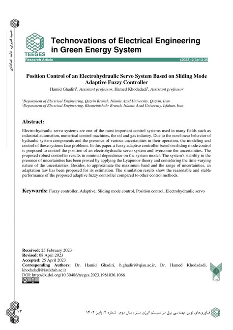 Pdf Position Control Of An Electrohydraulic Servo System Based On Sliding Mode Adaptive Fuzzy