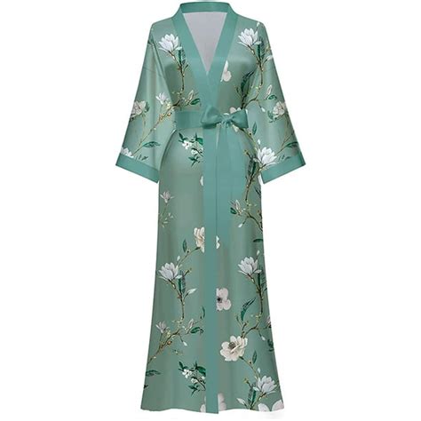 Amitofo Long Silk Kimono Robes For Women Lightweight Silky Satin Floral