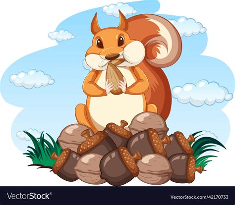 Fat Squirrel And Big Pile Of Nuts Royalty Free Vector Image