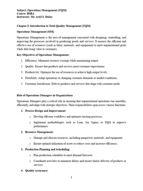 Chapter I Operation Management Introduction Pdf Six Sigma Quality
