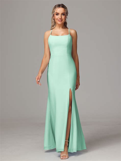 Long Mint Green Bridesmaid Dresses Sheathcolumn Spaghetti Straps Chif
