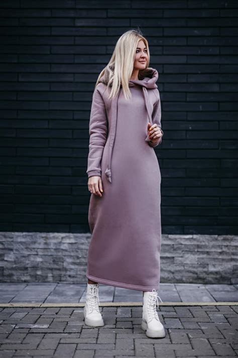 Long Hoodie Dress For Women Warm Sweatshirt With Long Sleeves And