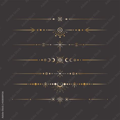 Celestial Golden Border Set With Stars Moon Phases Crescents And Dots