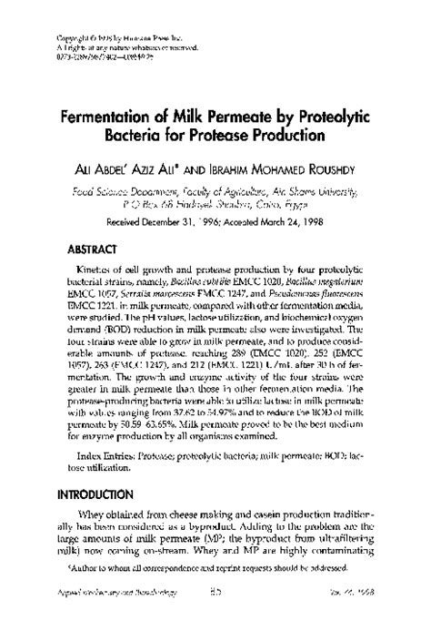Pdf Fermentation Of Milk Permeate By Proteolytic Bacteria For