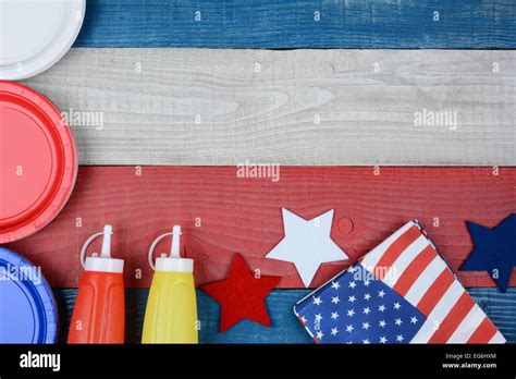 High Angle Shot Of A Patriotic Red White And Blue Picnic Table