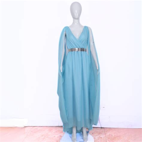Greek Goddess Sky Blue Maxi Gown Royal Women Elite Dress With Metal