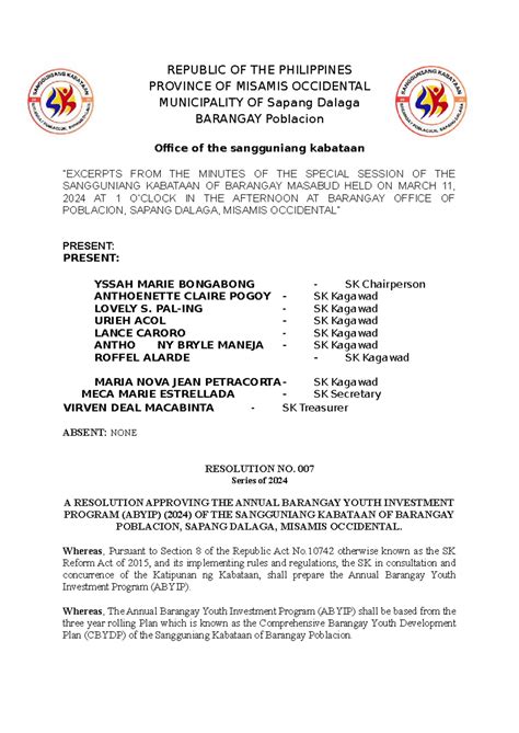 Resolution No 007 Aip Approval For Sk Of Barangay Poblacion 2024