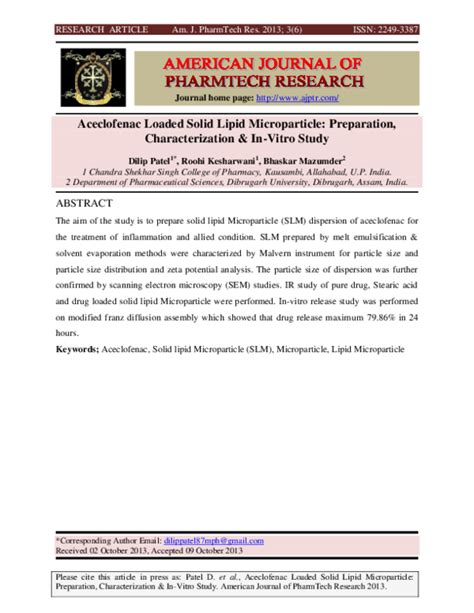 Pdf Aceclofenac Loaded Solid Lipid Microparticle Preparation