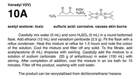 Solved Vanadyl V Iv 10a Acetyl Acetone Toxic Sulfuric Acid Corrosive Causes Skin Burns