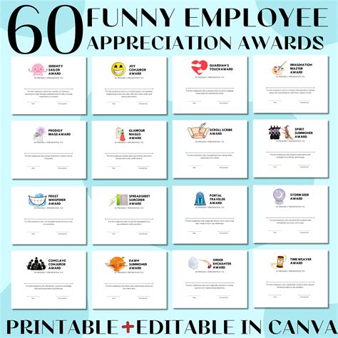 Funny Employee Appreciation Awards 60 Printable Certificates Editable