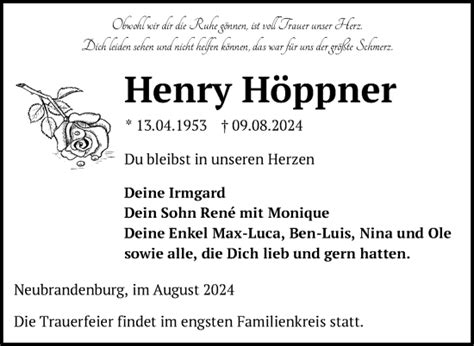 Traueranzeigen Von Henry Höppner Trauer Nordkurier