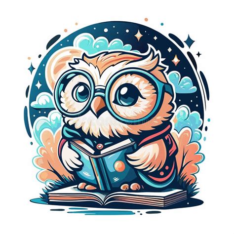 Cartoon Owl Wearing Glasses Reading A Book Stock Vector Illustration