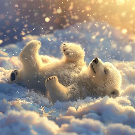 Two Polar Bears Are Laying In The Snow One Is Laying Down Premium Ai